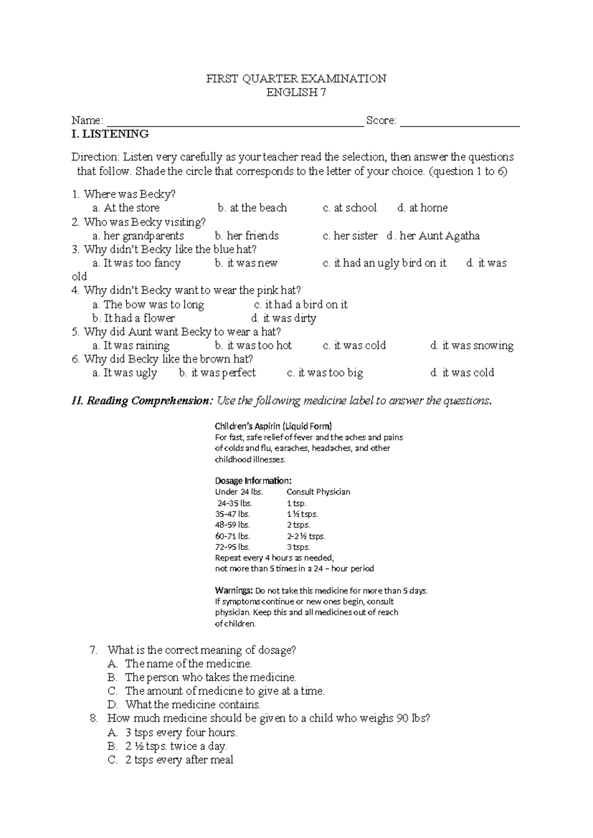 Grade 7 - FIRST QUARTER EXAMINATION ENGLISH 7 Name