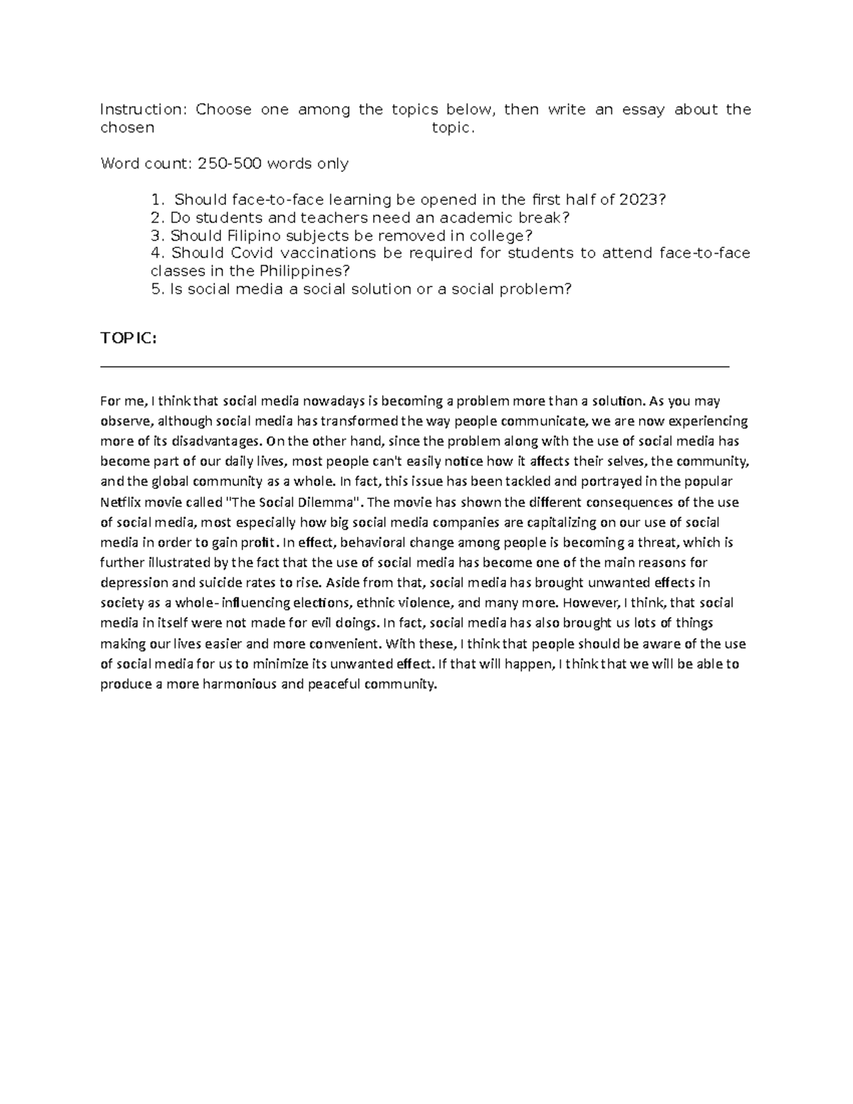 Final activity - Fighting! - Instruction: Choose one among the topics ...