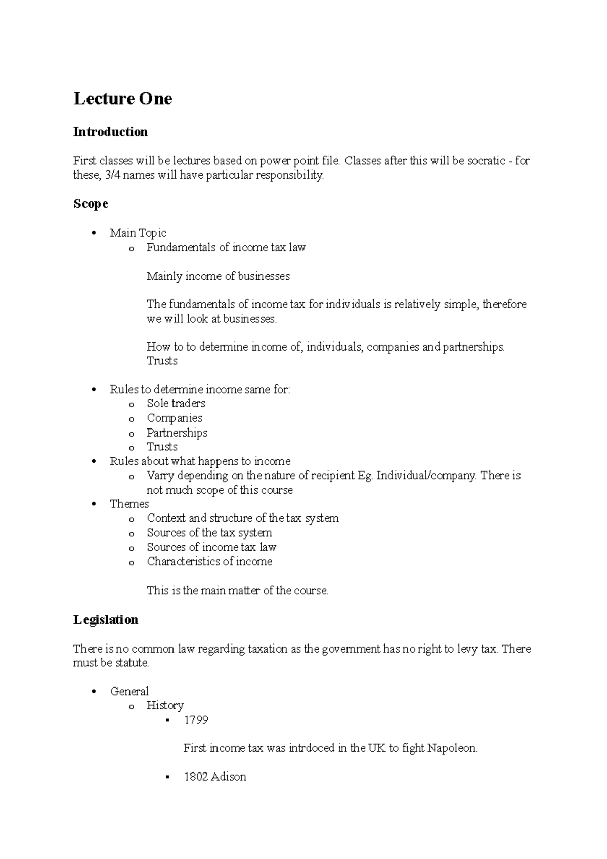 Week One Lecture Notes - Introduction - Lecture One Introduction First ...