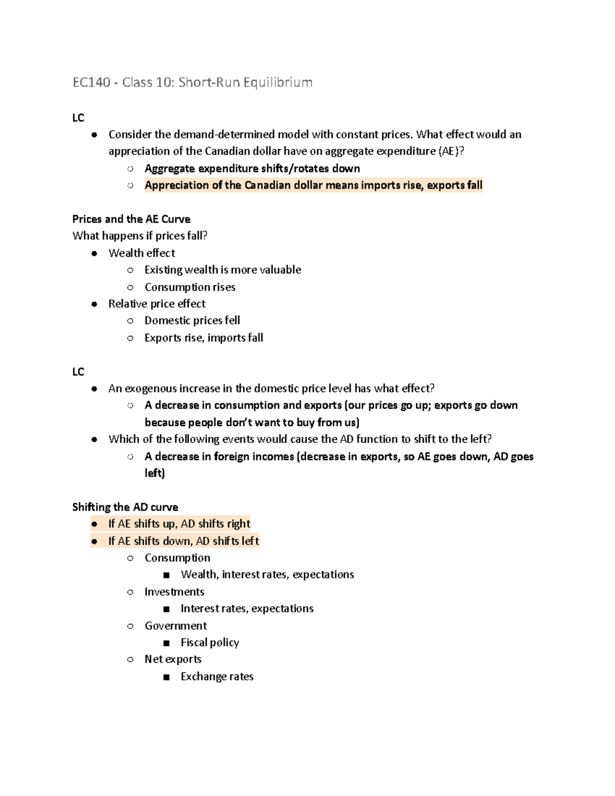 EC140 - Class 10 Short-Run Equilibrium - EC140 - Class 10: Short-Run ...