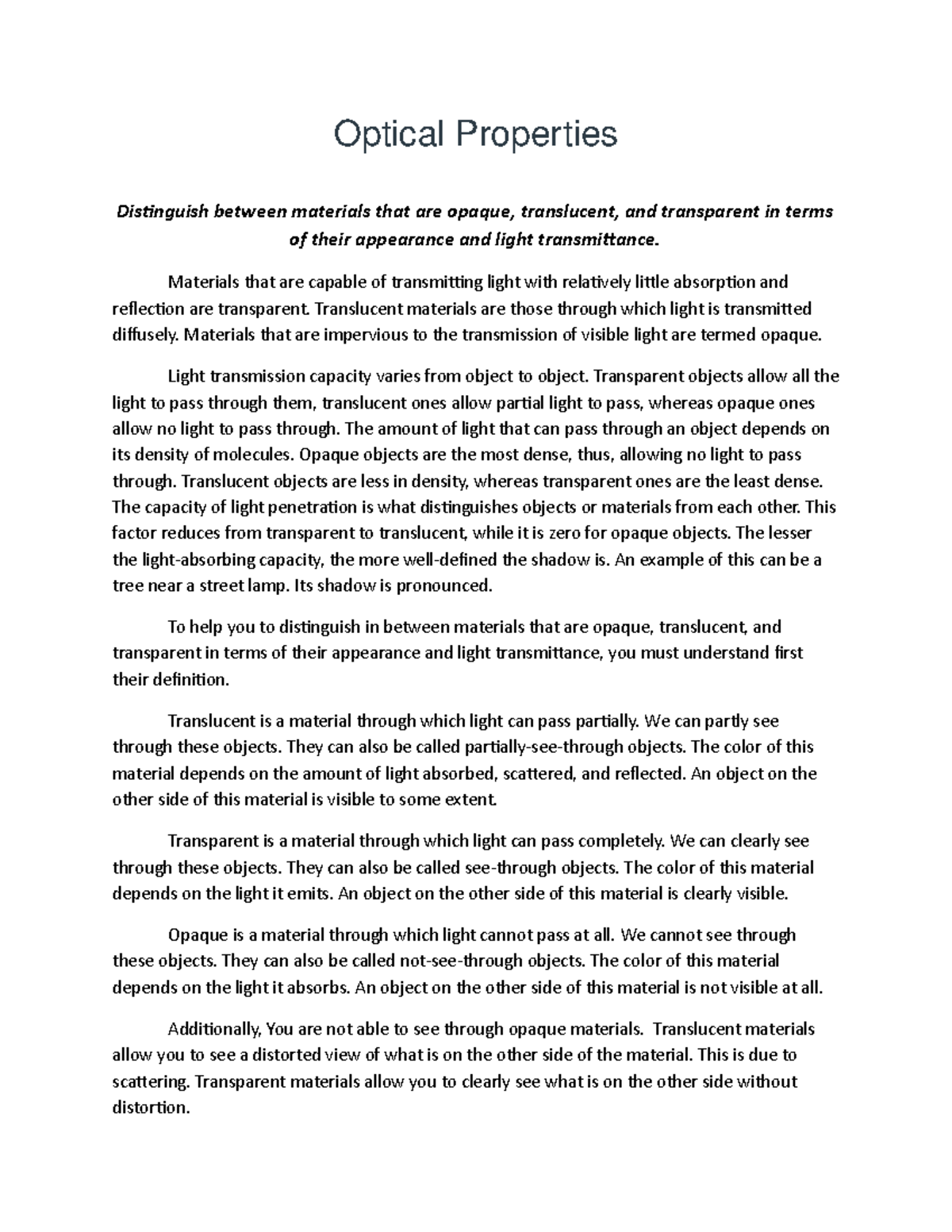 Optical Properties (essay) - Opt ical Propert ies Distinguish between ...