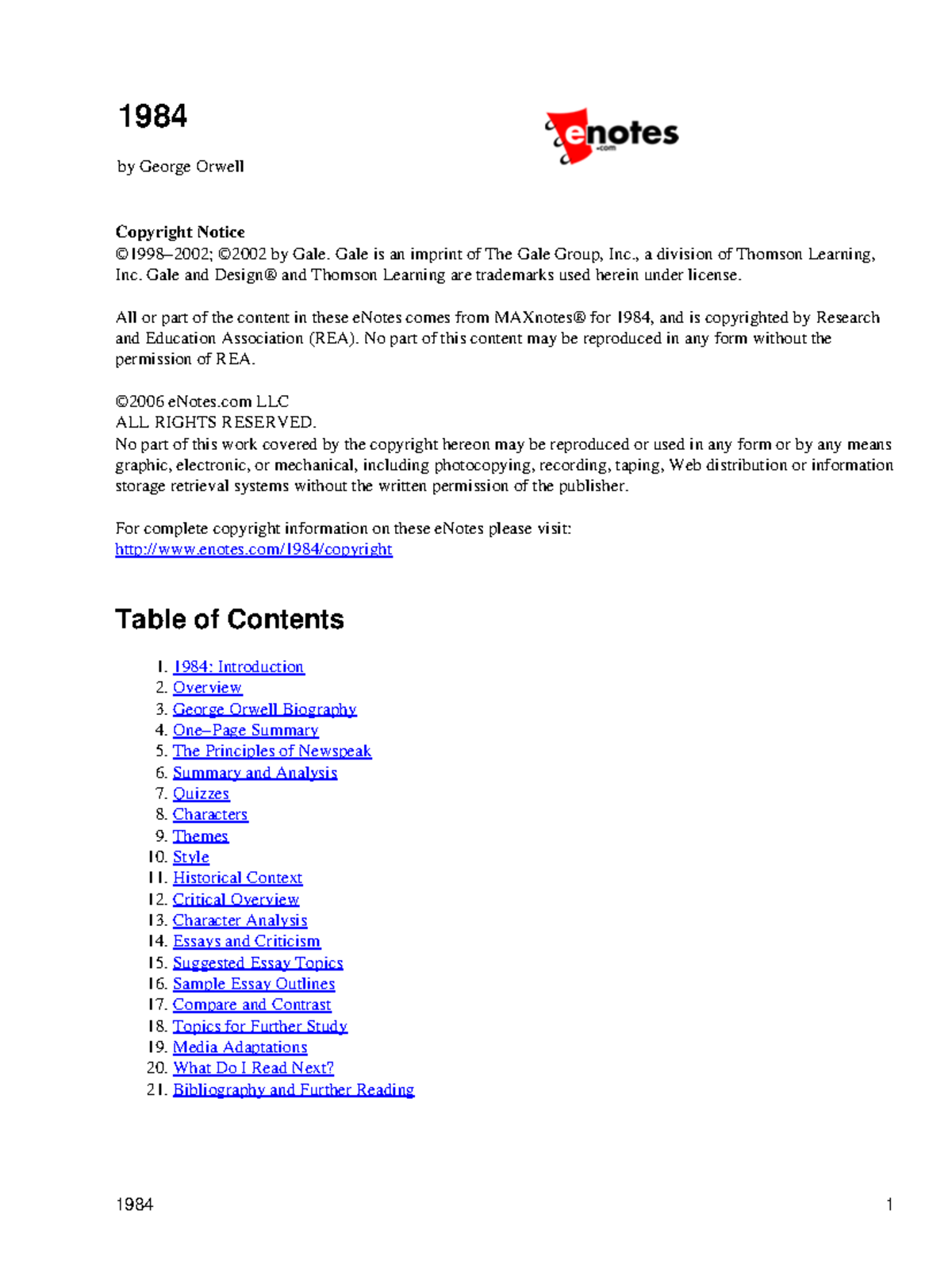 1984 Study Notes - 1984 by George Orwell Copyright Notice ©1998−2002 ...