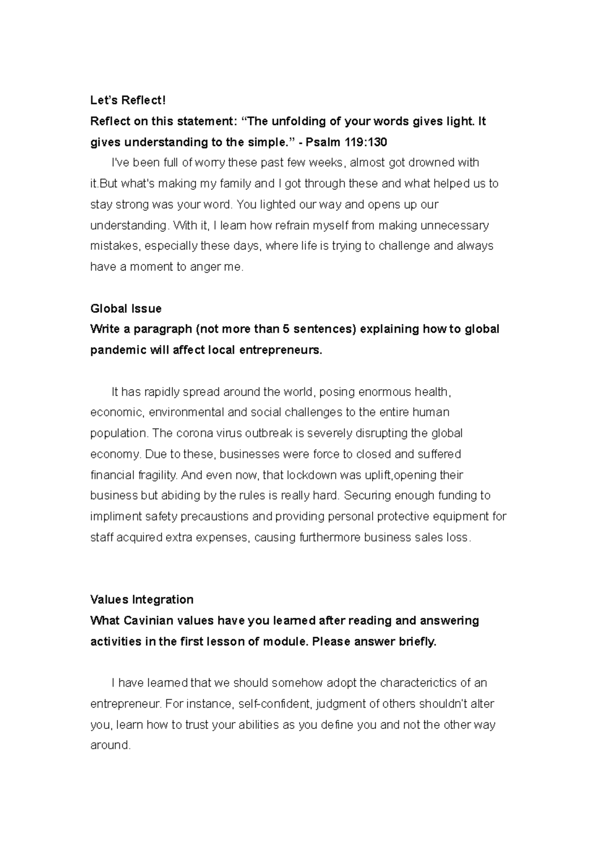 Global Issues - Let’s Reflect! Reflect on this statement: “The ...