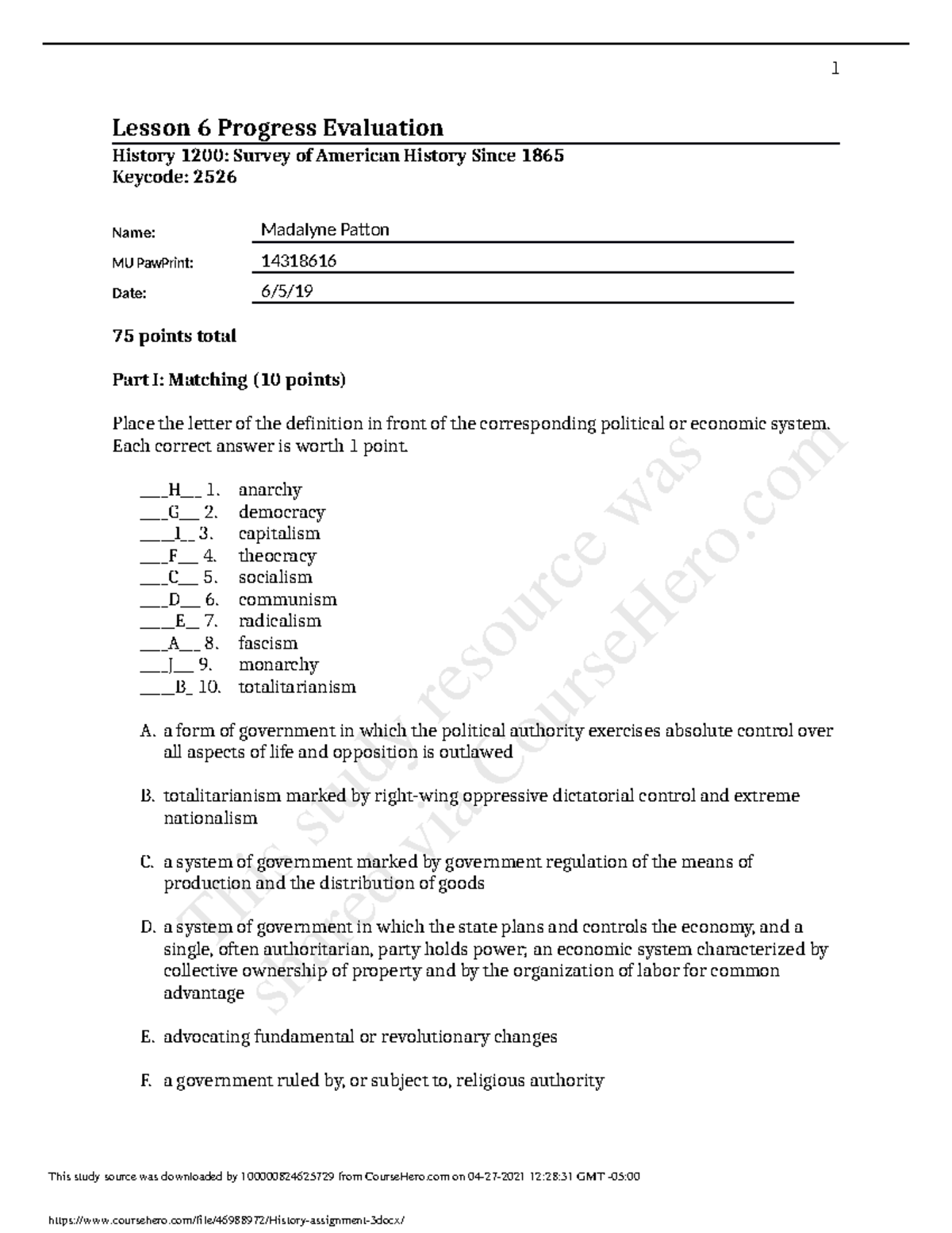 History assignment 3 - Lesson 6 Progress Evaluation History 1200 ...