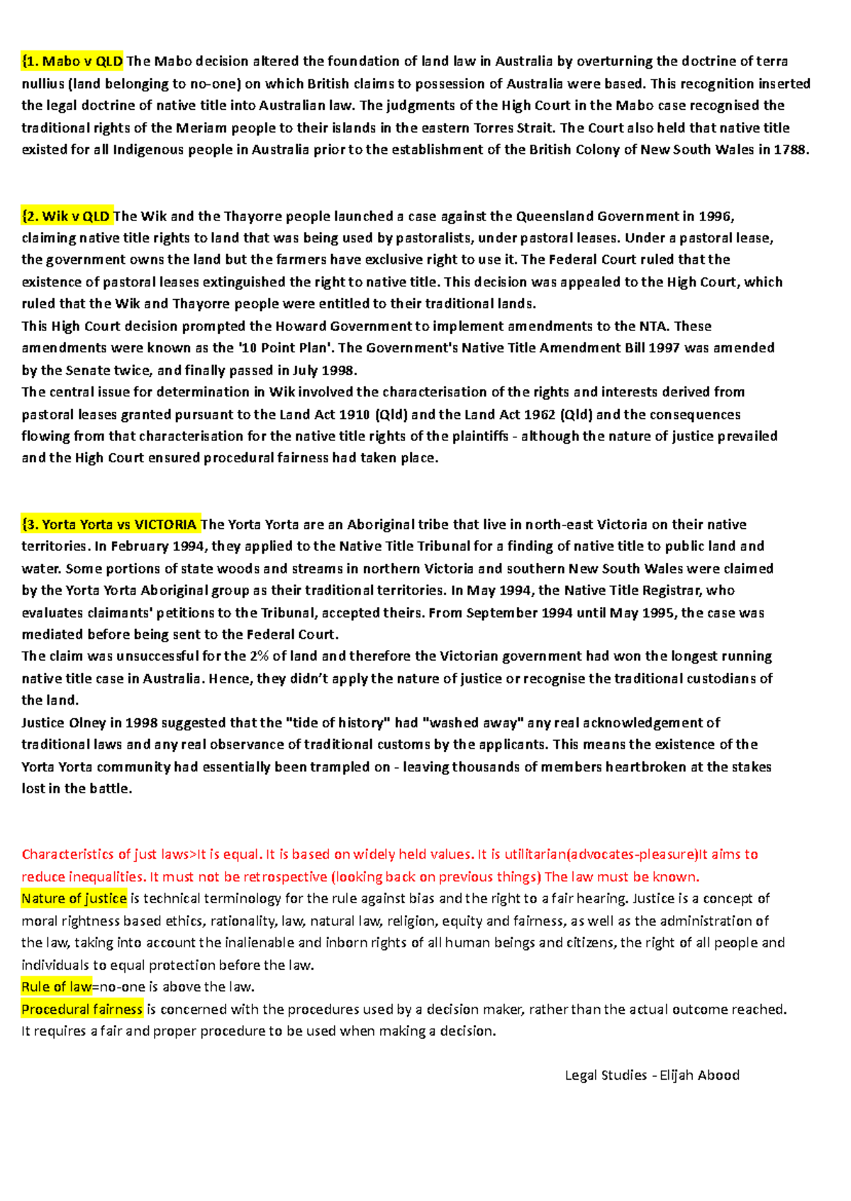 Legal Studies - 1 Page of A4 Notes Study Syllabus - {1. Mabo v QLD The ...