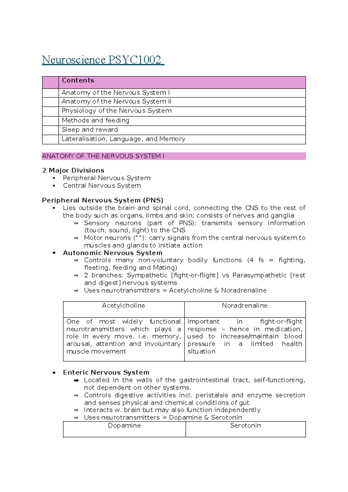 Neuro PSYC1002 - Neuroscience PSYC Contents Anatomy of the Nervous ...