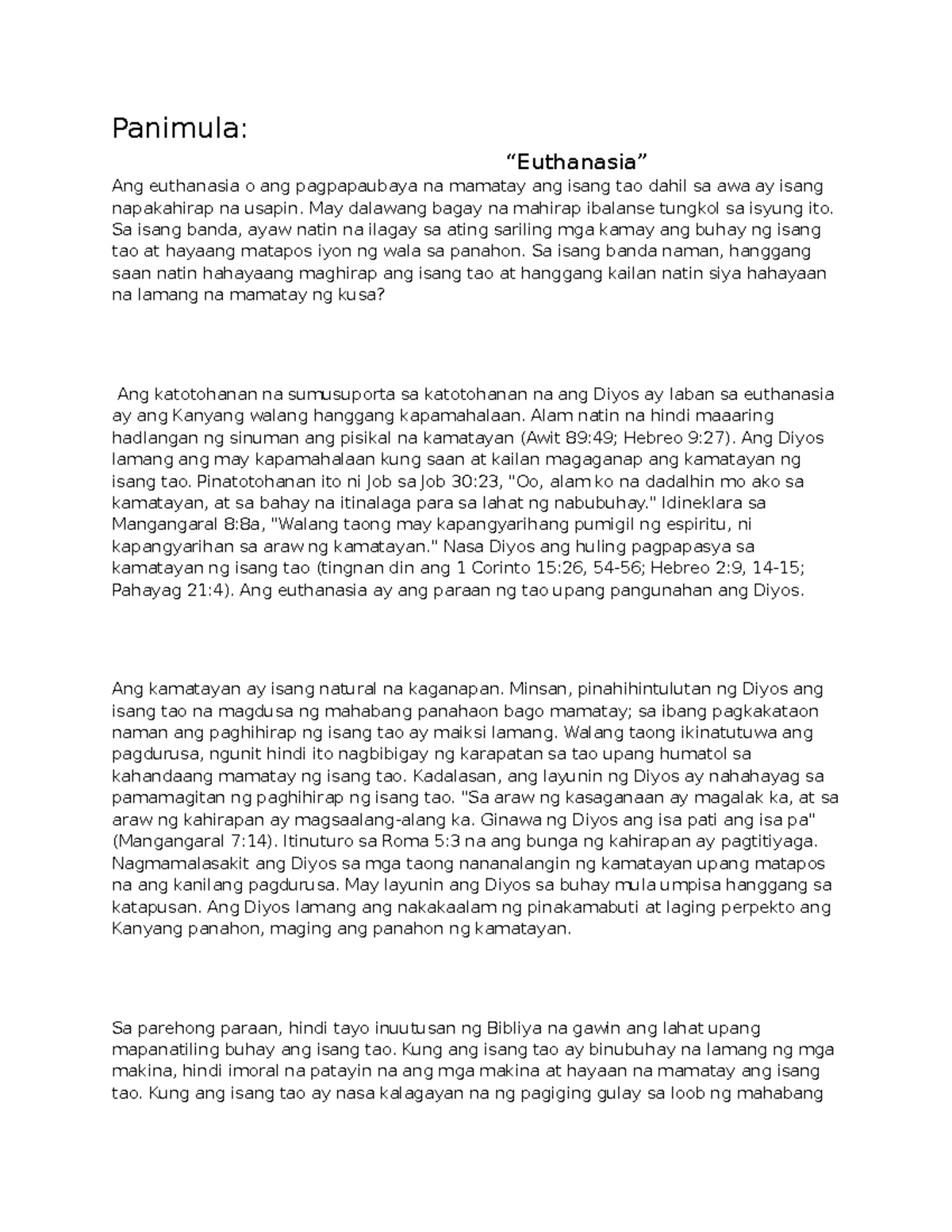 Panimula Euthanasia - Lecture notes 2 - Panimula: “Euthanasia” Ang ...