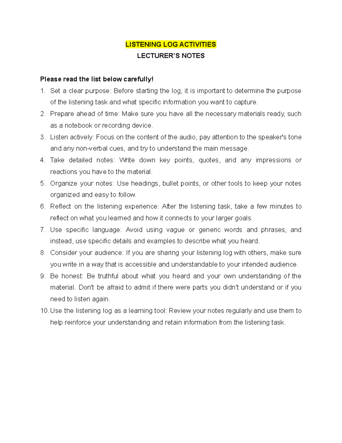 Notes, Listening Log Actvities - LISTENING LOG ACTIVITIES LECTURER’S ...