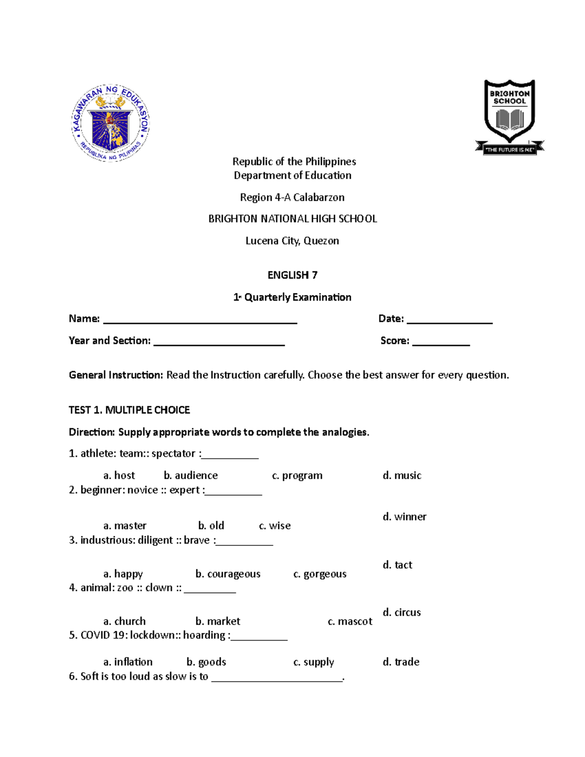 1st Quarterly Examination-Grade 7-English - Republic of the Philippines ...