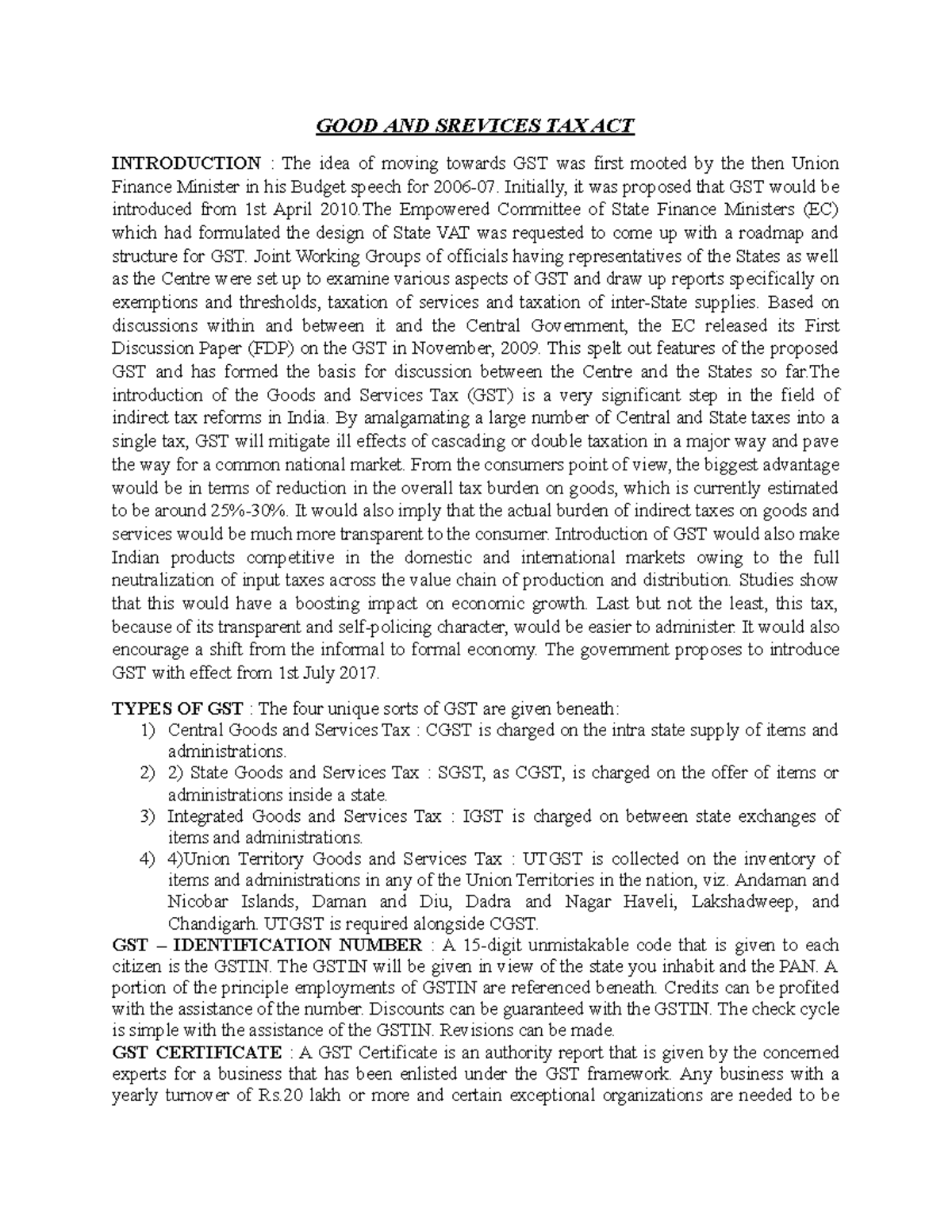 Goods AND Services TAX ACT - GOOD AND SREVICES TAX ACT INTRODUCTION ...