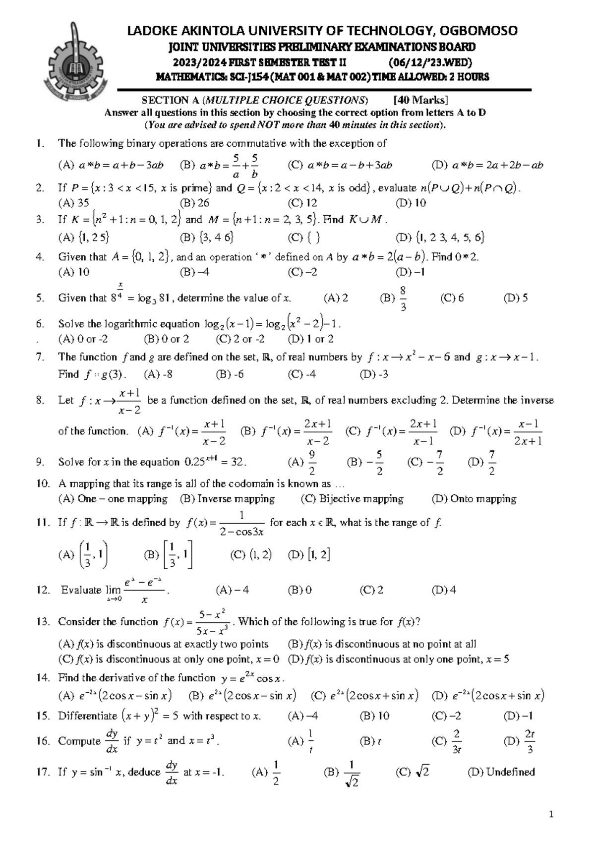 MAT 001, 002 Test II 2023-2024 - 1 SECTION A (MULTIPLE CHOICE QUESTIONS ...