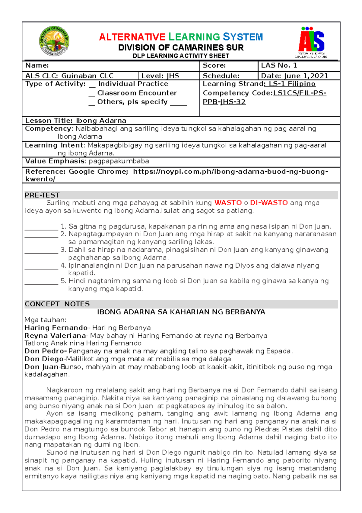 Ibong Adarna Edited Learning Activity Sheets In Filipino Vrogue