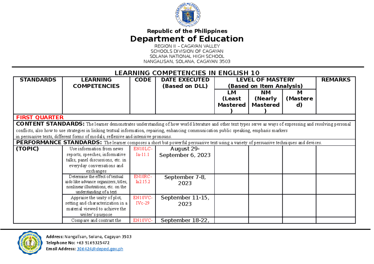 Learning Competencies in English 10 - Republic of the Philippines Department of Education REGION ...