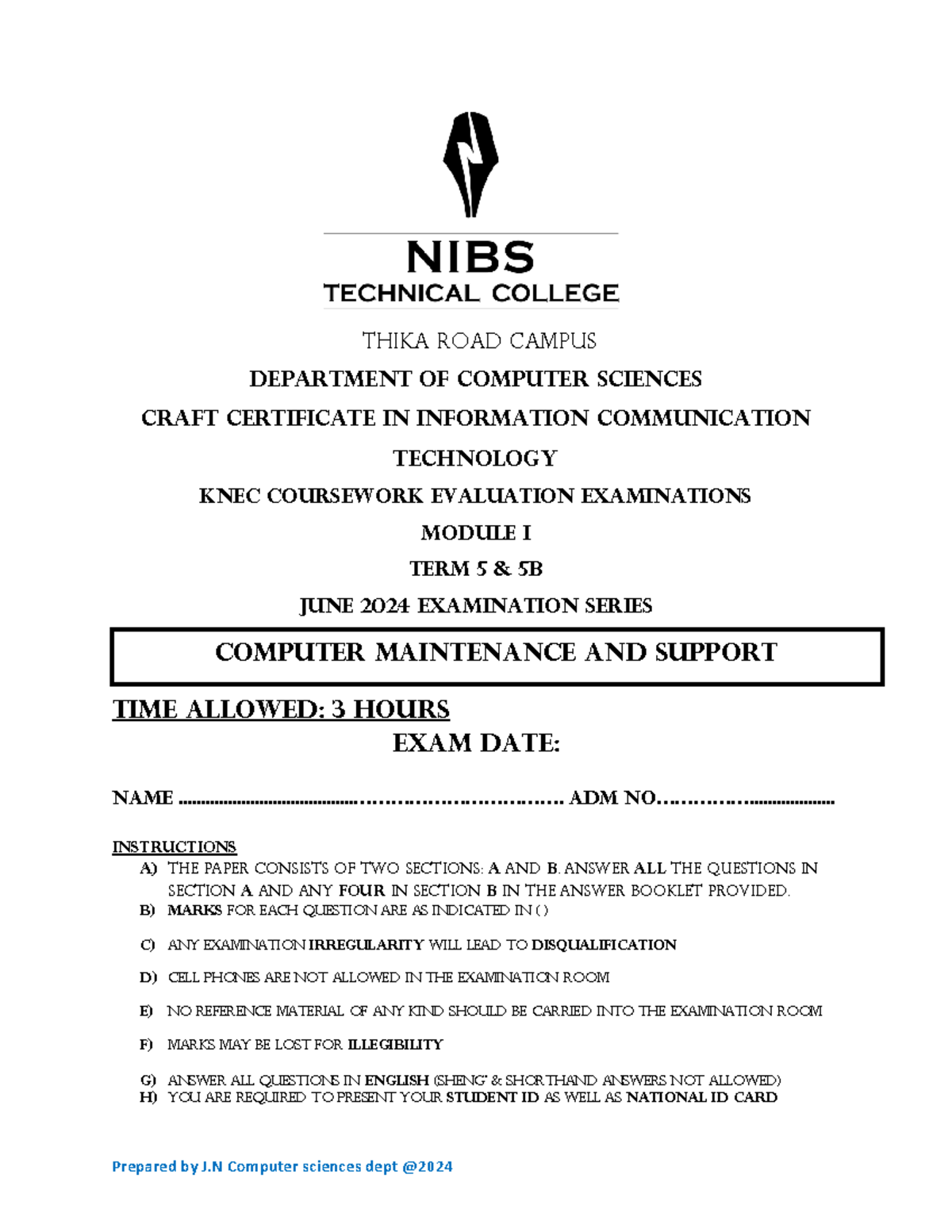 Kncit Computer Maintenance AND Support 5&5B JUNE 24 marking s - THIKA ...