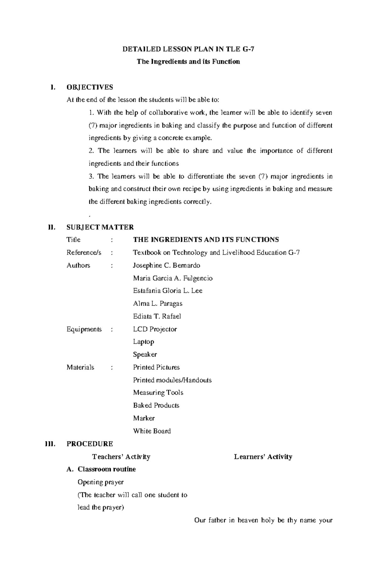 Detailed Lesson PLAN IN TLE G 7 The Ingr - DETAILED LESSON PLAN IN TLE ...