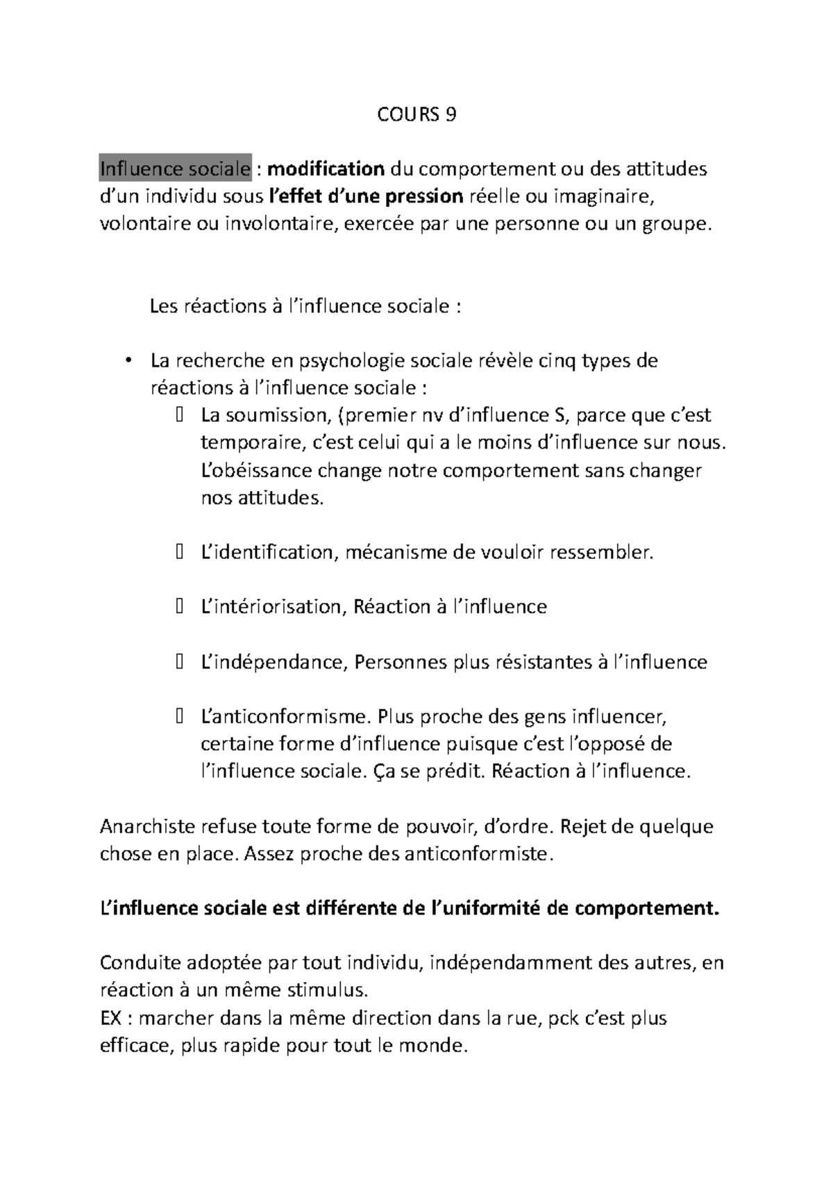 Fiche cours 9 (7:8 vac) - marc viaud - COURS 9 Influence sociale ...