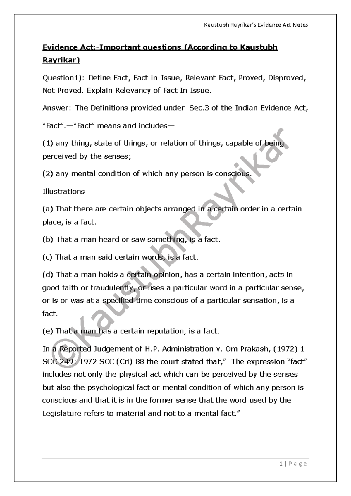 Kaustubh Rayrikar Evidence Act - Evidence Act:-Important questions ...