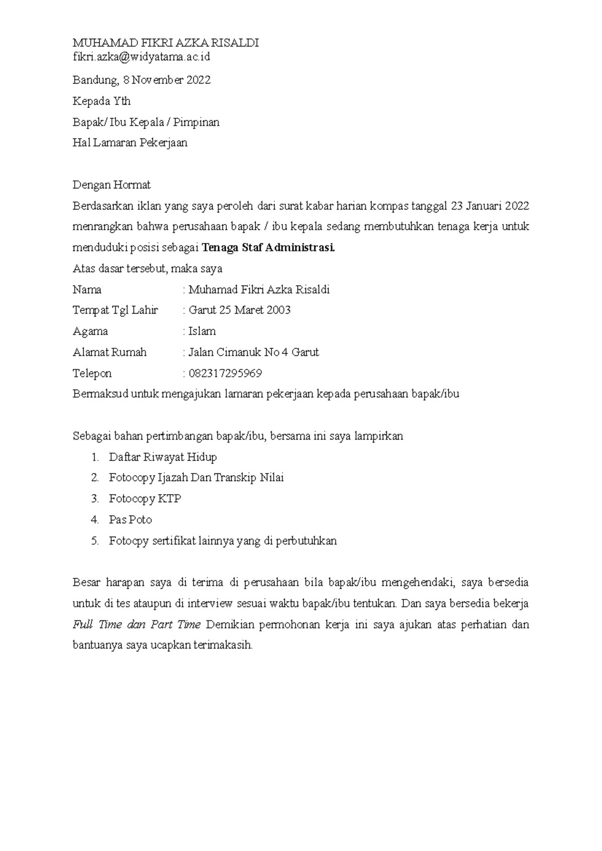 Tugas Aplikom CV - dwasdawsd - MUHAMAD FIKRI AZKA RISALDI fikri@widyatama.ac Bandung, 8 November ...