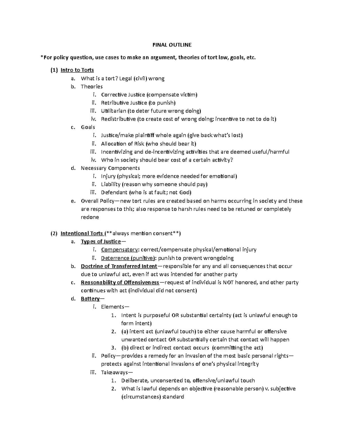 Torts final outline - Gregory Dolin - FINAL OUTLINE *For policy ...