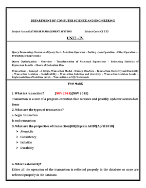 All Unit Important Questions From DBMS - DEPARTMENT OF COMPUTER SCIENCE & ENGINEERING QUESTION ...