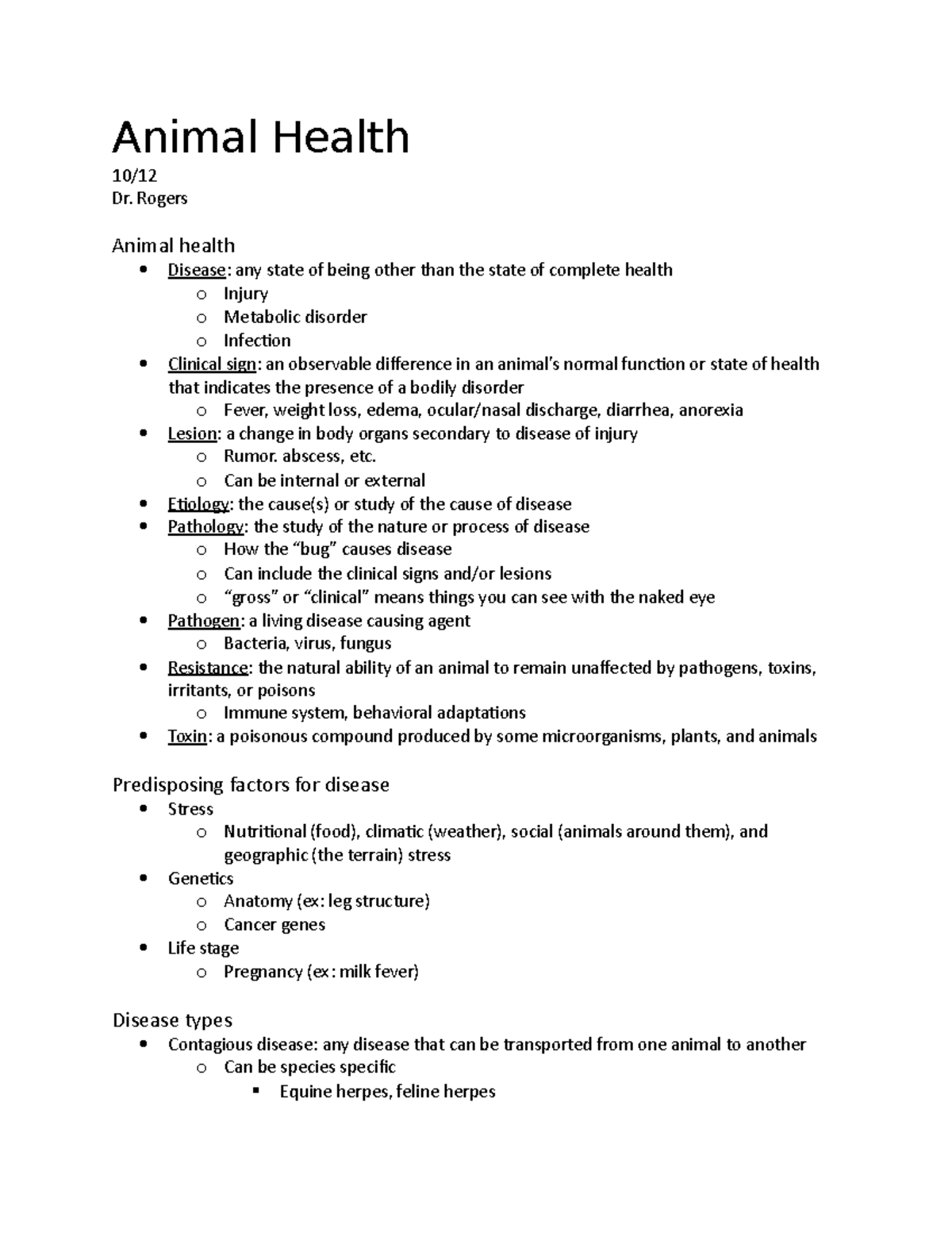 Animal Health notes - Animal Health 10/ Dr. Rogers Animal health ...