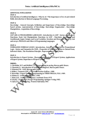 AI UNIT 1 - AI NOTES FOR MCA - LECTURE NOTES ON ARTIFICIAL INTELLIGENCE ...