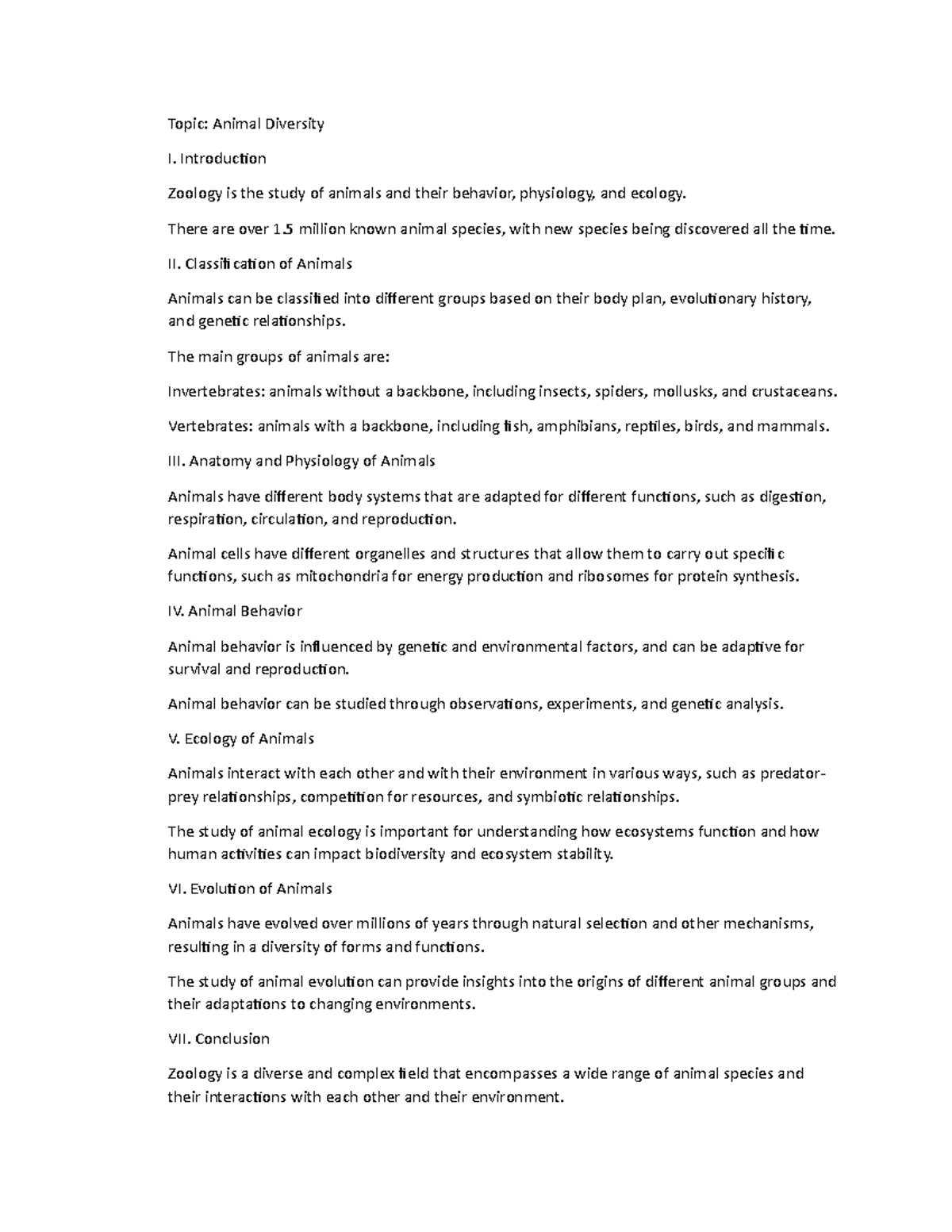 Zoology Lecture Notes - Topic: Animal Diversity I. Introduction Zoology ...