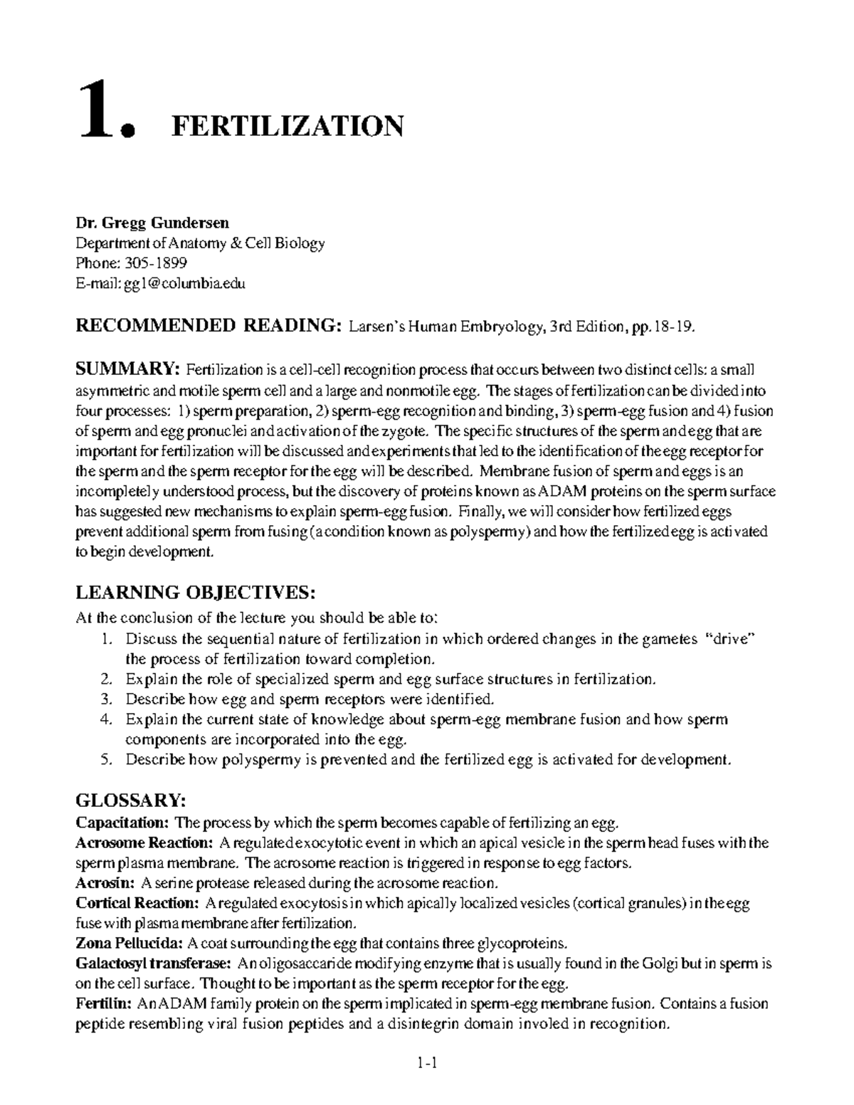 Chapt 1-Fertilization - 1. FERTILIZATION Dr. Gregg Gundersen Department ...