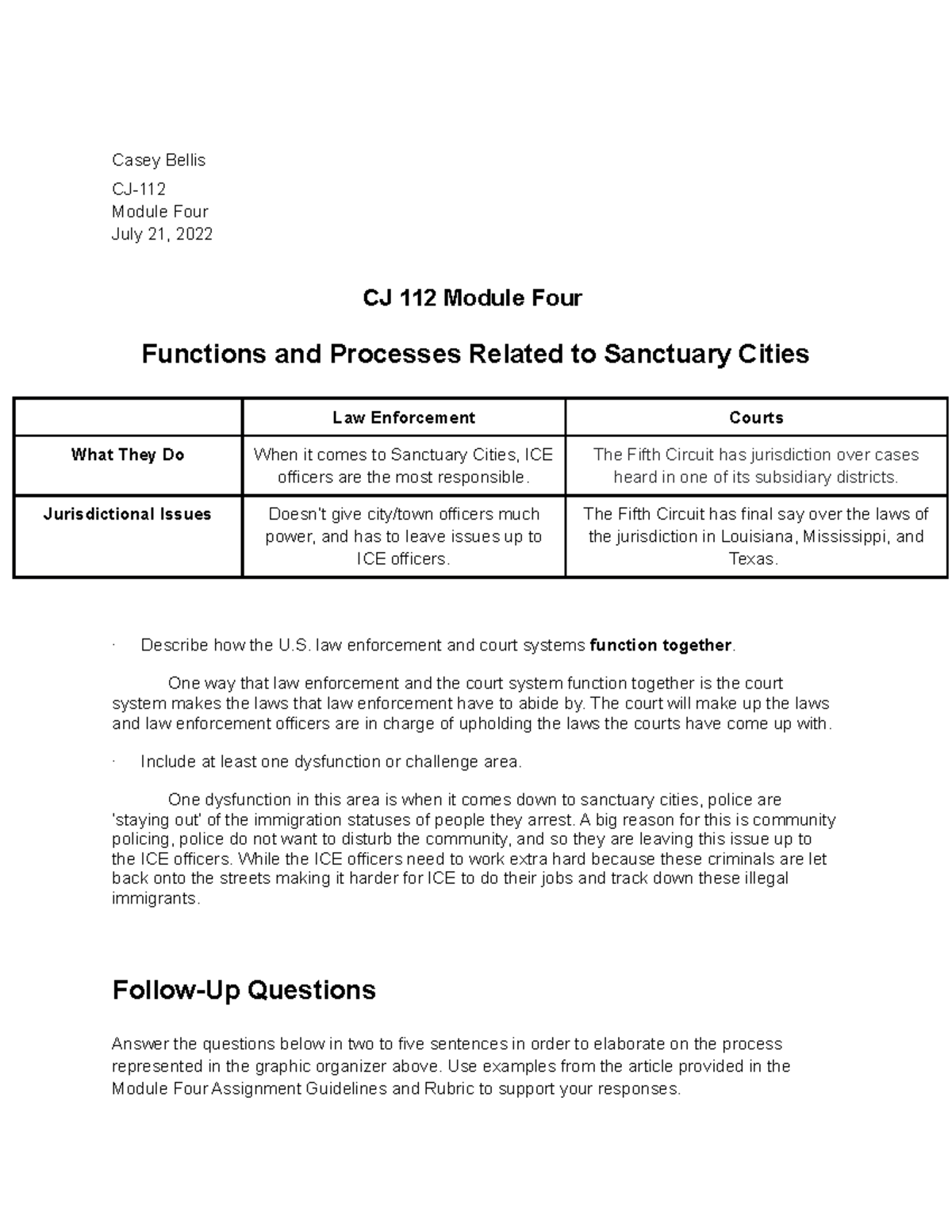 CJ112 Module Four - Casey Bellis CJ- Module Four July 21, 2022 CJ 112 Module Four Functions and ...