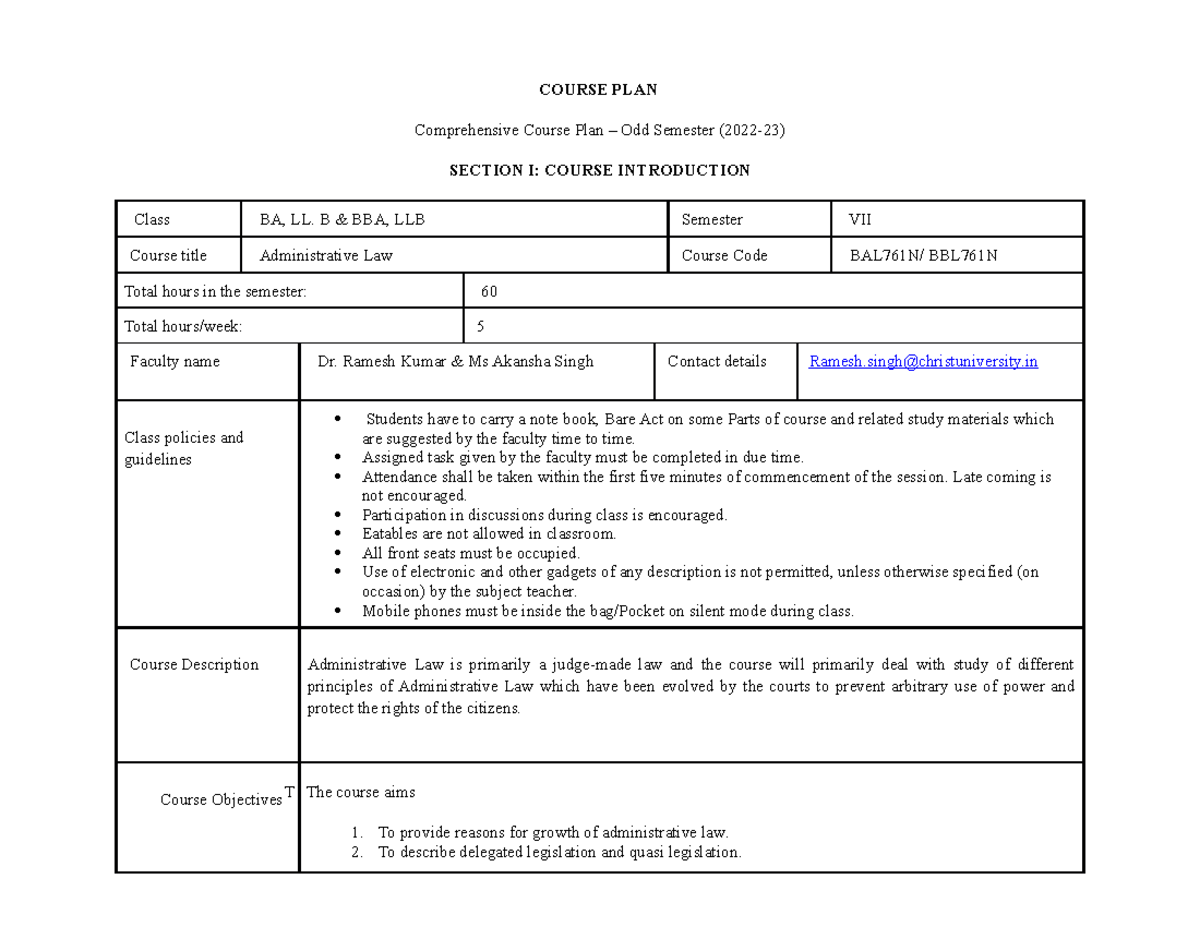 Course Plan Administrative Law - COURSE PLAN Comprehensive Course Plan ...