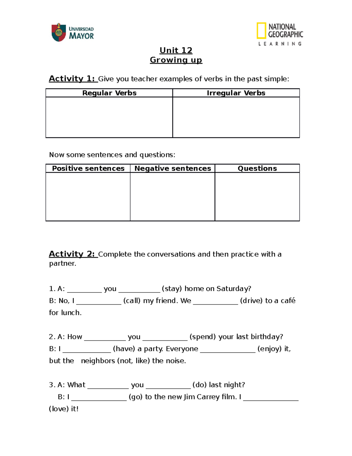 English 2 Unit 12 - Profesora Paulina ejercicios para las pruebas ...