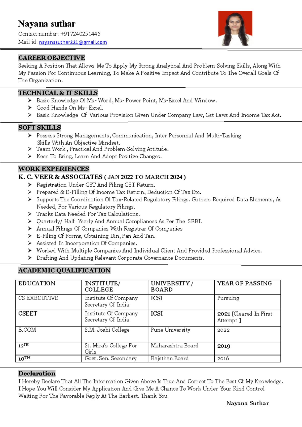 Nayana resume - N/A - Nayana suthar Contact number: + Mail id: nayanasuthar221@gmail CAREER ...