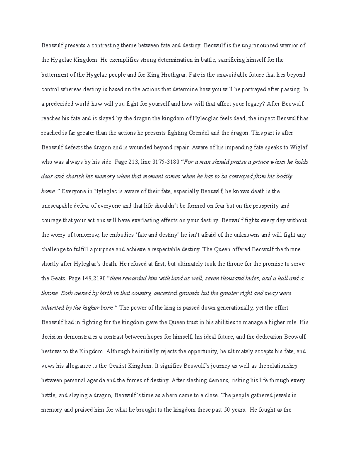 Beowulf essay-2 - Beowulf presents a contrasting theme between fate and ...