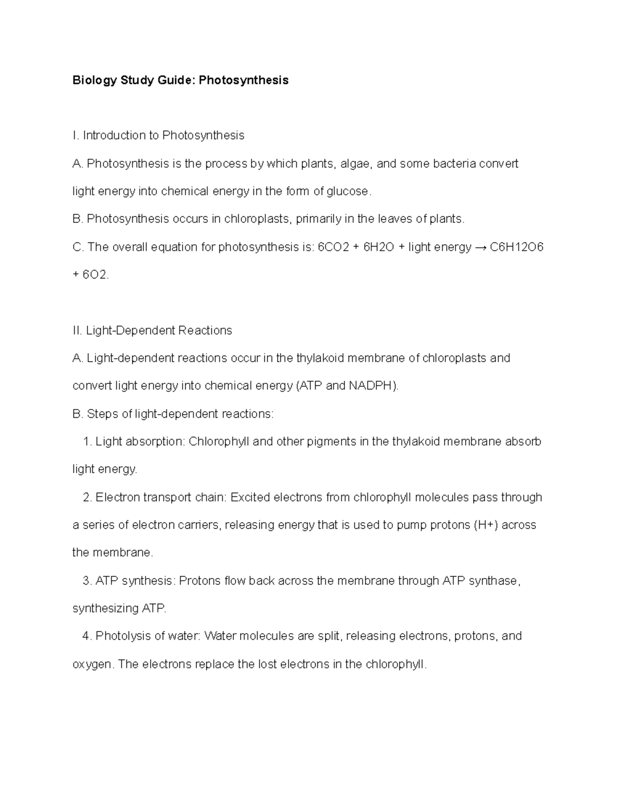 Photosynthesis 2 - Biology Study Guide: Photosynthesis I. Introduction ...
