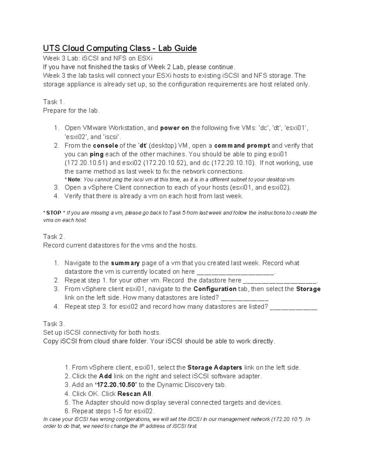 Lab 2 I Scsi And Nfs On Esxi Uts Cloud Computing Class Lab Guide Week 3 Lab Iscsi And Nfs 5205