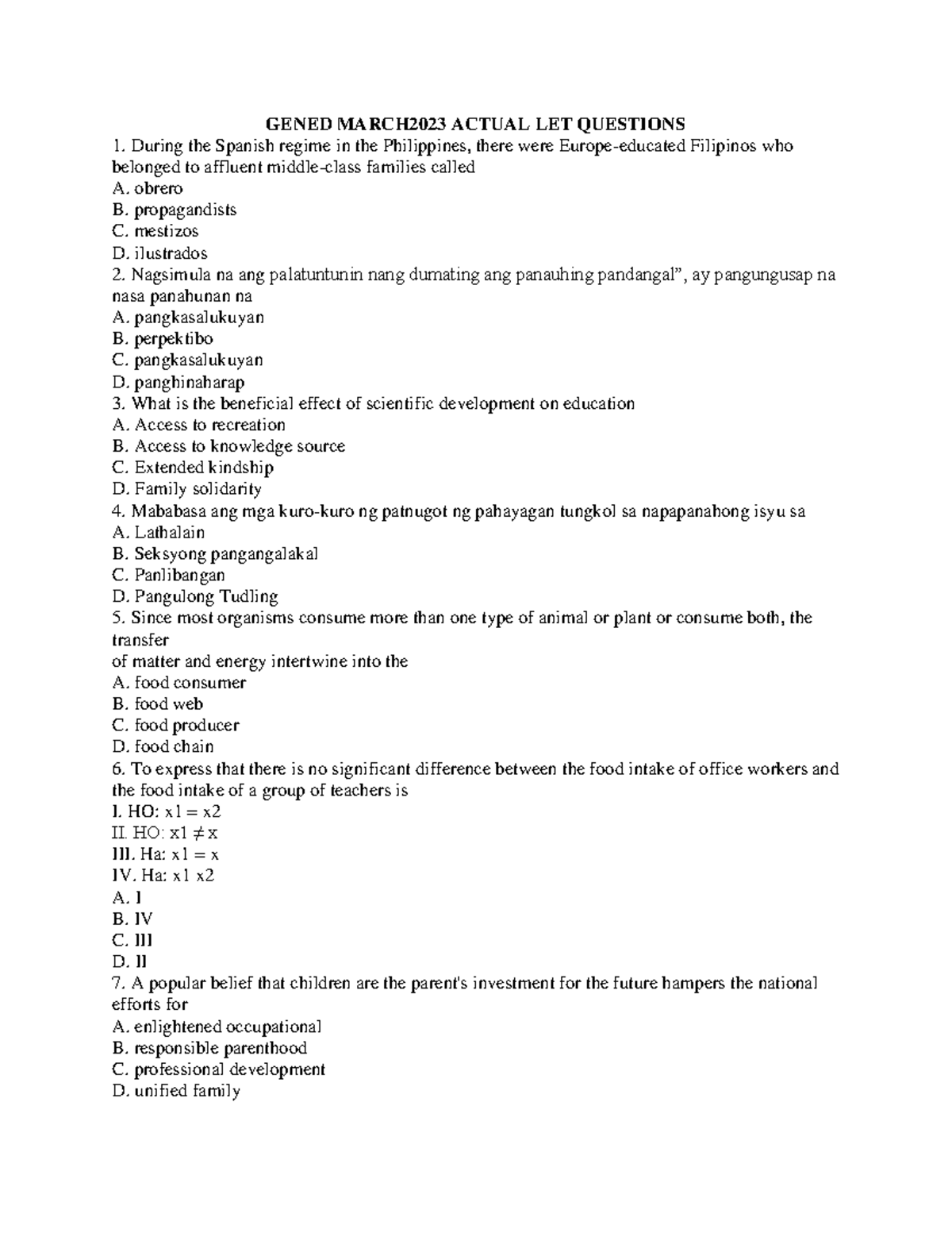 √ Gened 2023 - Reviewer - GENED MARCH2023 ACTUAL LET QUESTIONS During ...