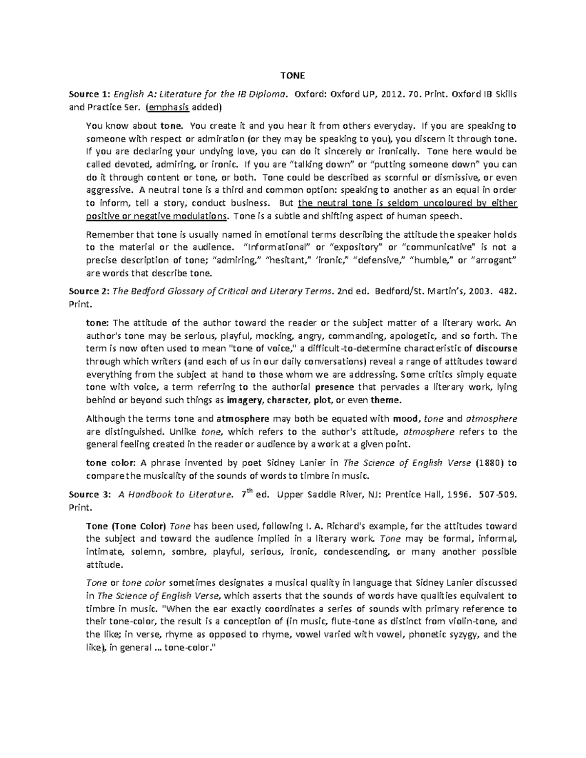 Tone, Atmosphere and Mood Notes - TONE Source 1: English A: Literature ...