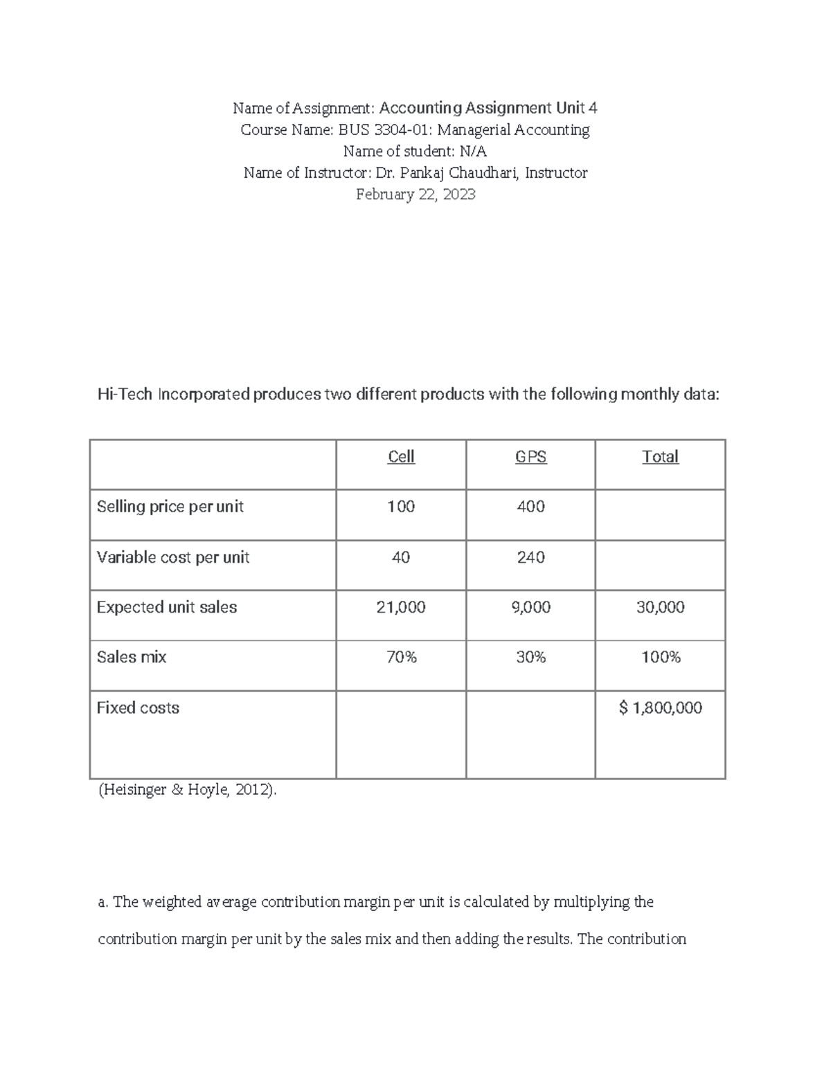 Accounting Assignment Unit 4 - Pankaj Chaudhari, Instructor February 22, 2023 Hi-Tech ...