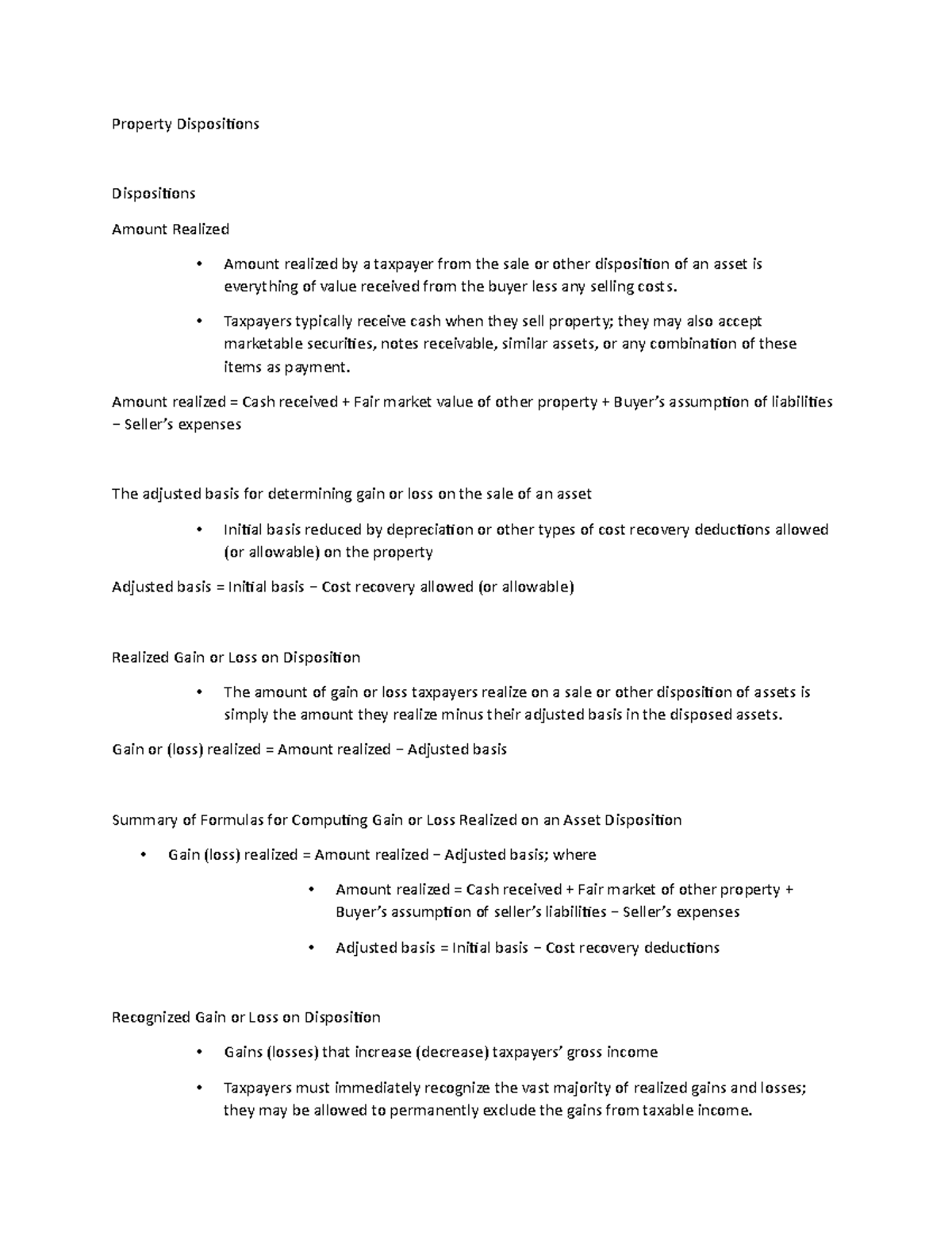 Lecture Notes 10a - Property Dispositions Dispositions Amount Realized ...