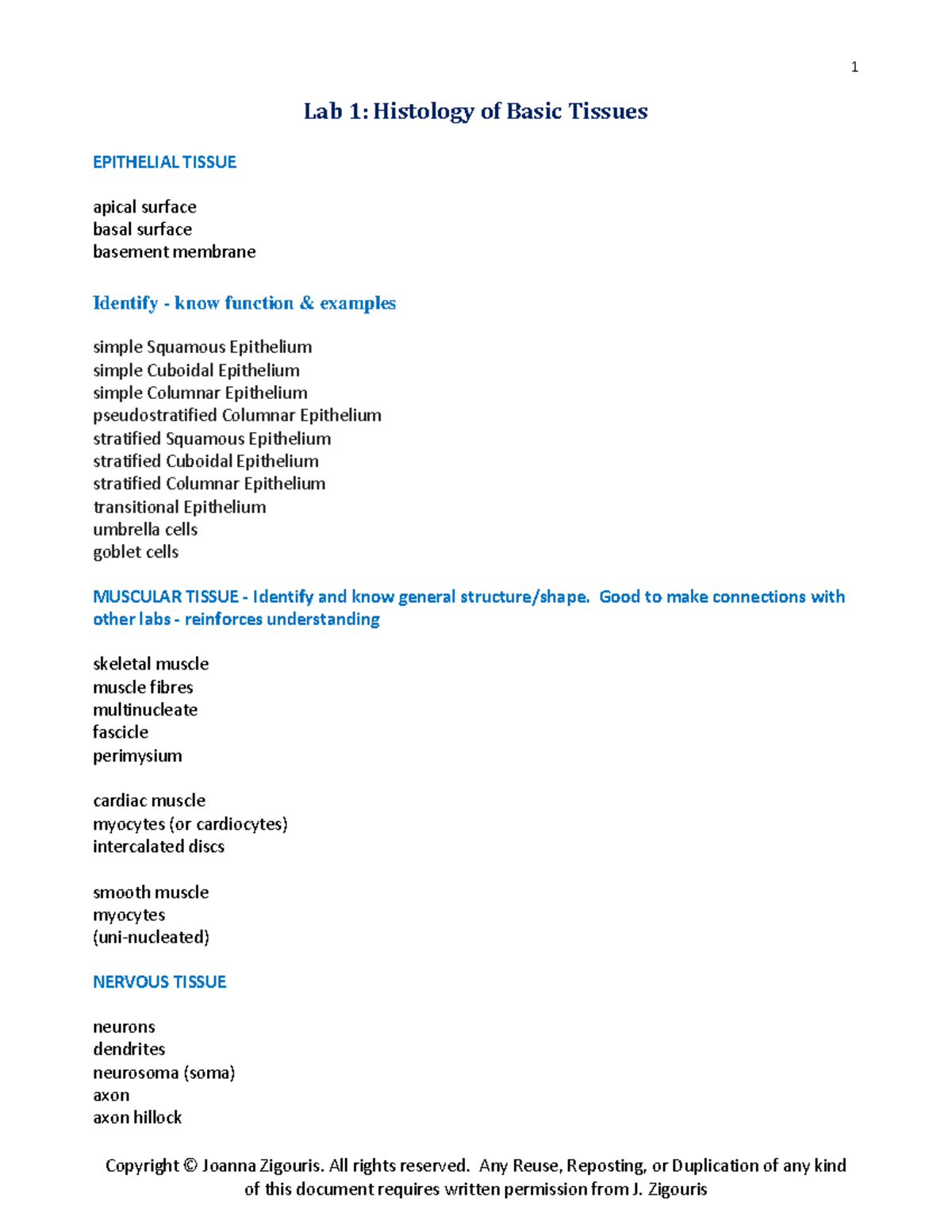 Lab 1 - Histology of Basic Tissues List - 1 Copyright © Joanna Zigouris ...