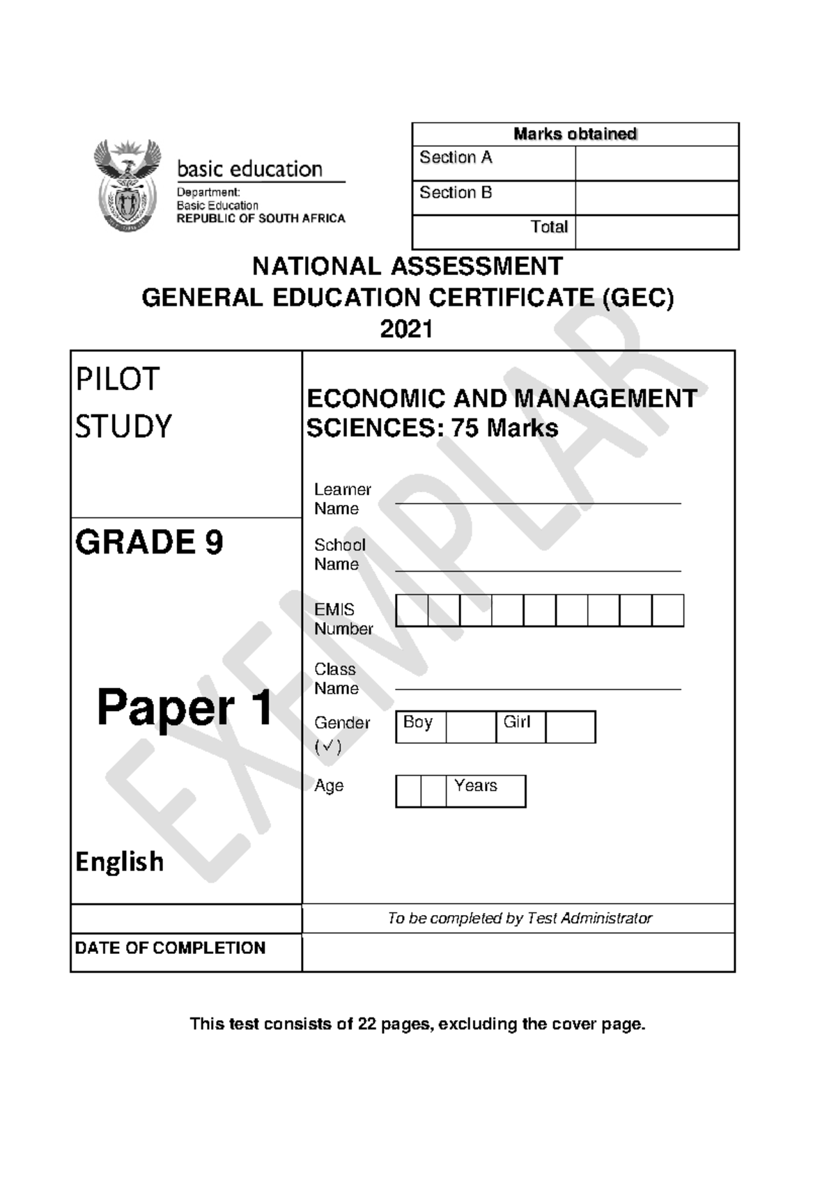GEC GR 9 EMS 2021 TEST P1 - question p - Marks obtained Section A ...