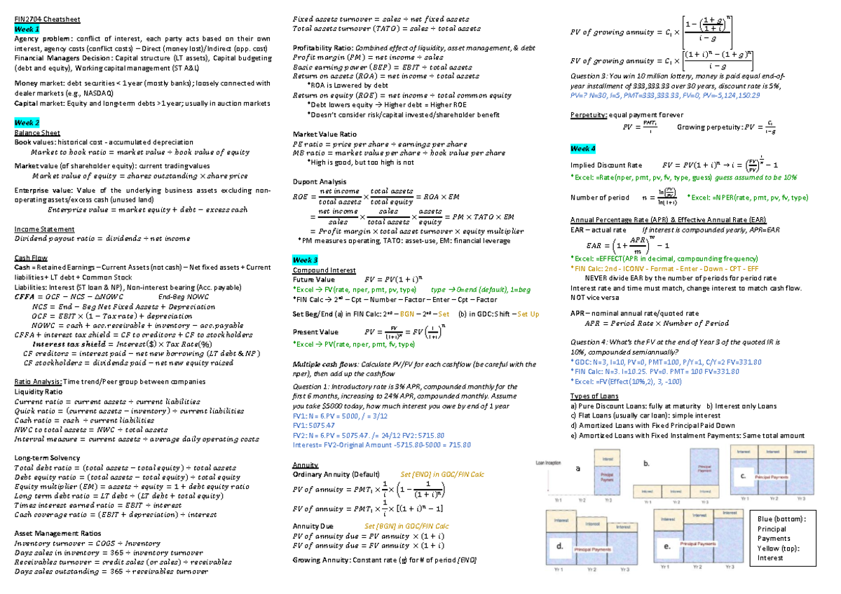 Fin midterms cheatsheet - FIN2704 Cheatsheet Week 1 Agency problem: conflict of interest, each ...