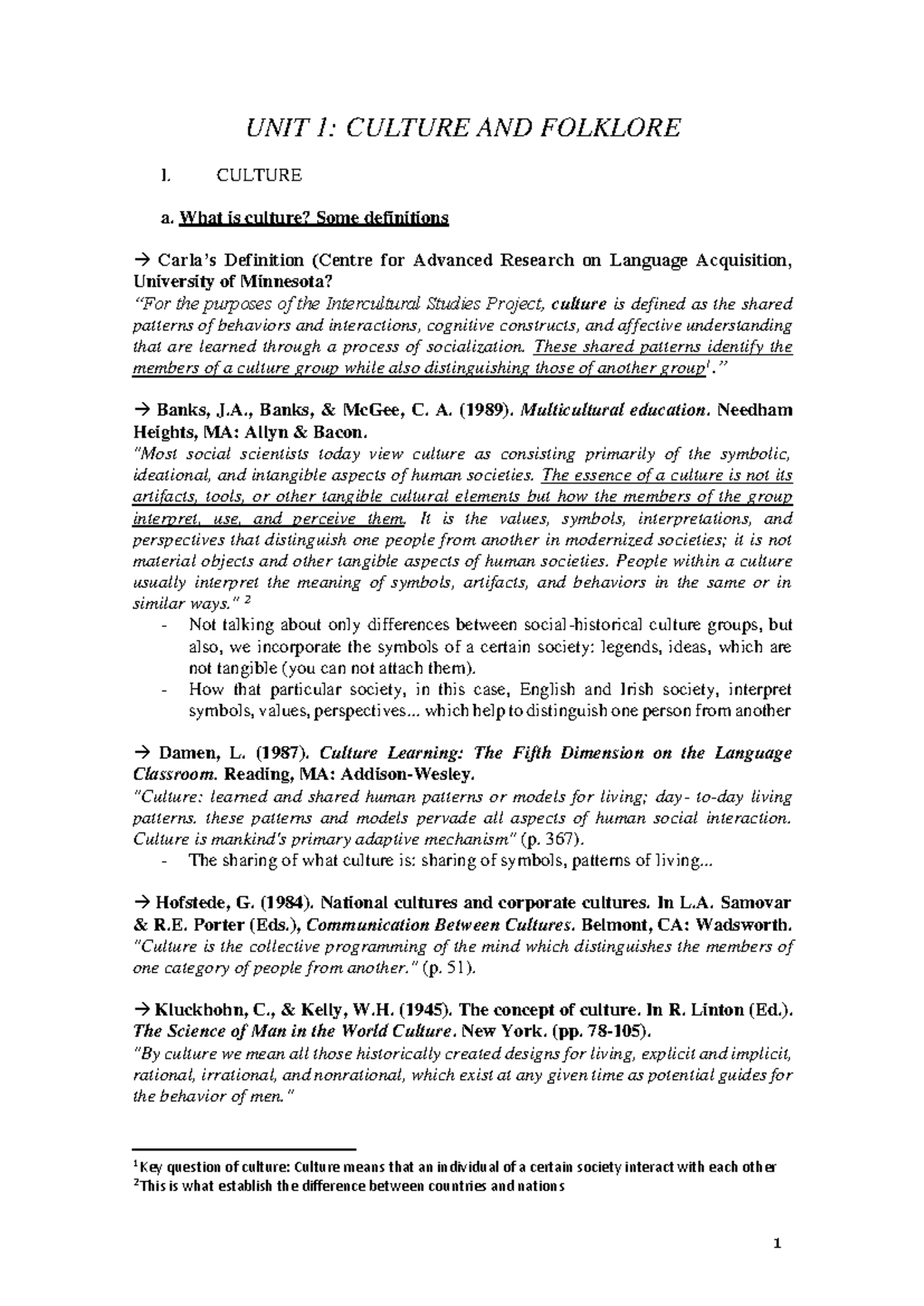 UNIT 1. Cultura Y Tradicion - UNIT 1: CULTURE AND FOLKLORE I. CULTURE a ...