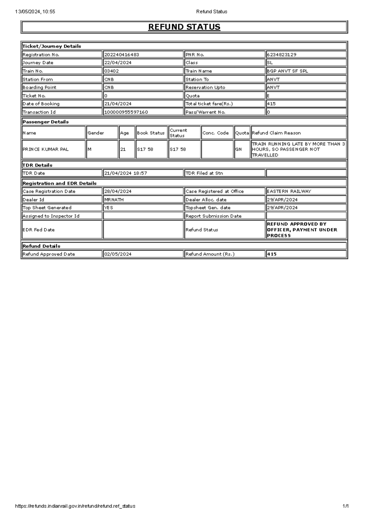 Refund Status - REFUND STATUS Ticket/Journey Details Registration No ...