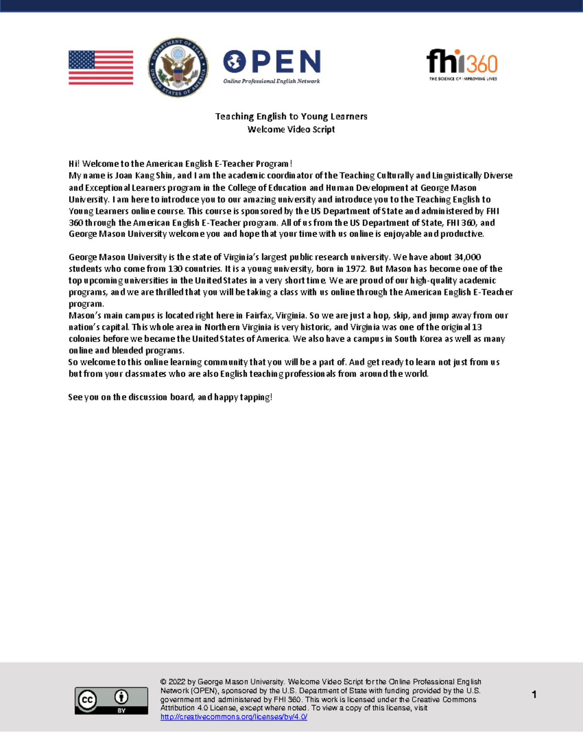 MOOC Welcome Video Script - 1 © 2022 by George Mason University ...