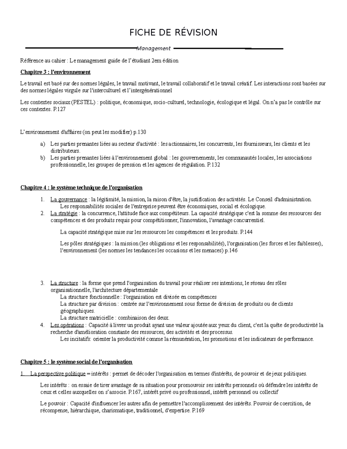 Fiche de révision MNGT - Résumé cours de management 1er année - FICHE ...