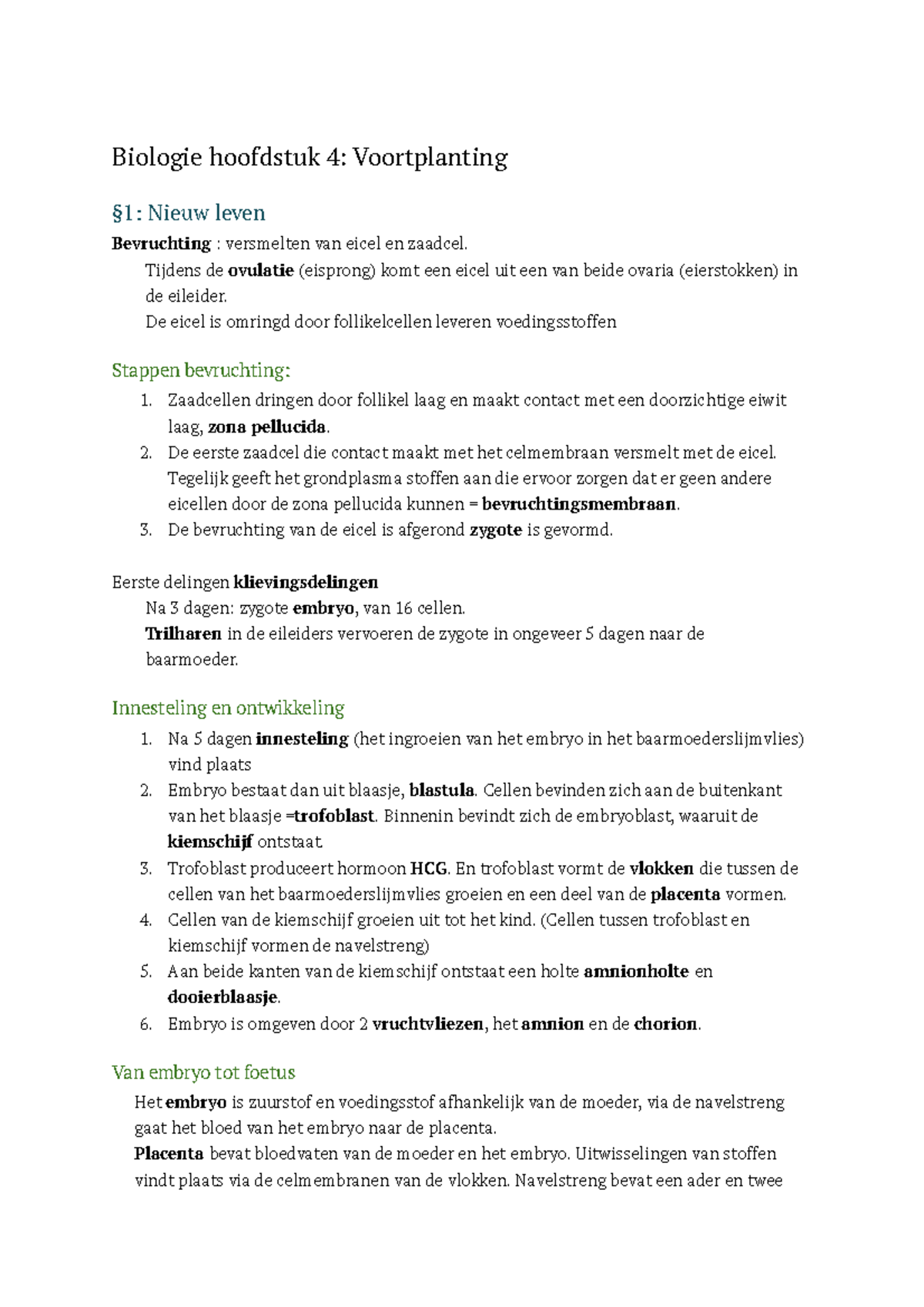 Bio hs 4 samenvatting - Biologie hoofdstuk 4: Voortplanting §1: Nieuw leven Bevruchting ...