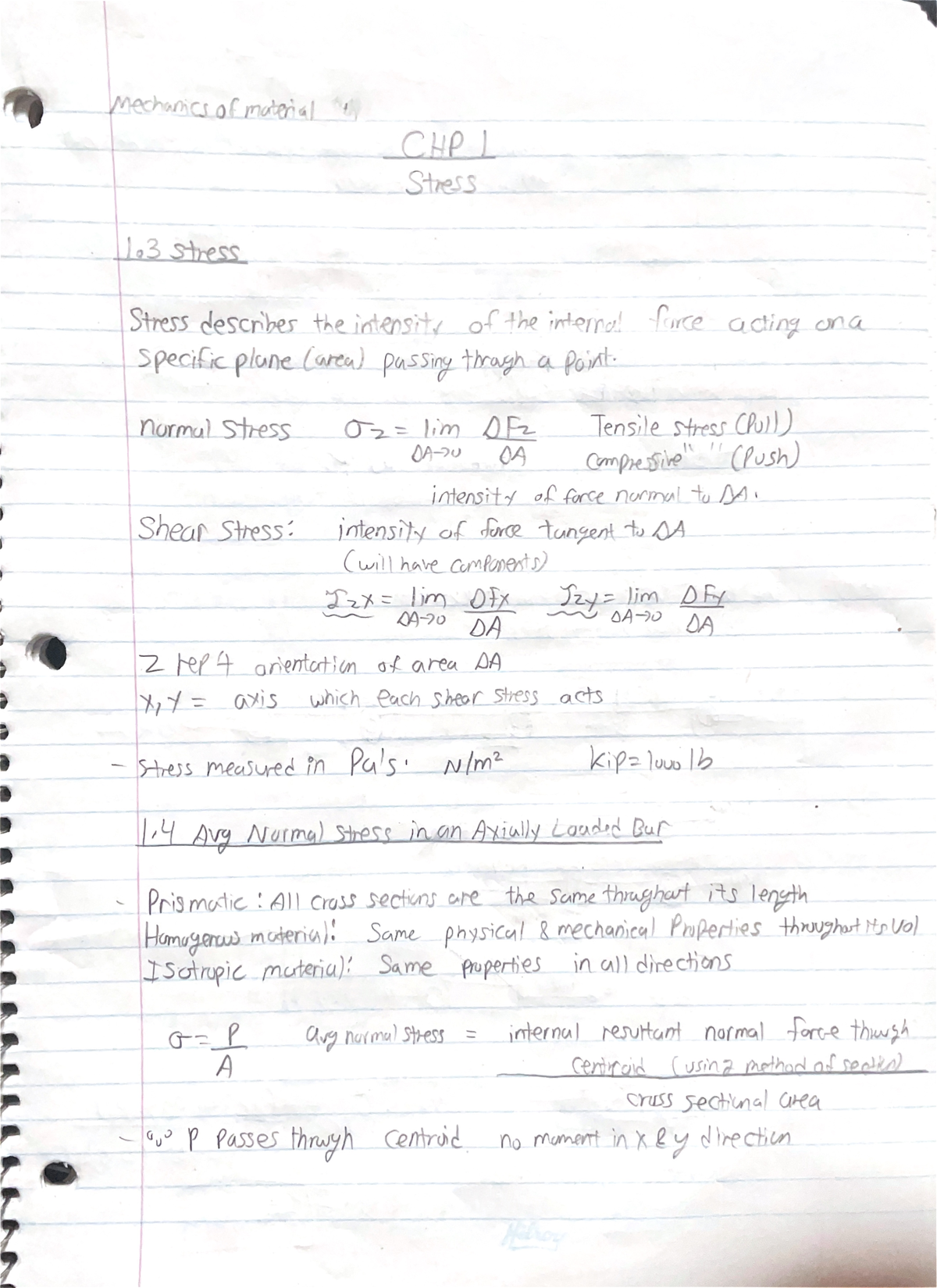 Chapter 1stress - handwritten notes - Engineering Mechanics - Statics ...