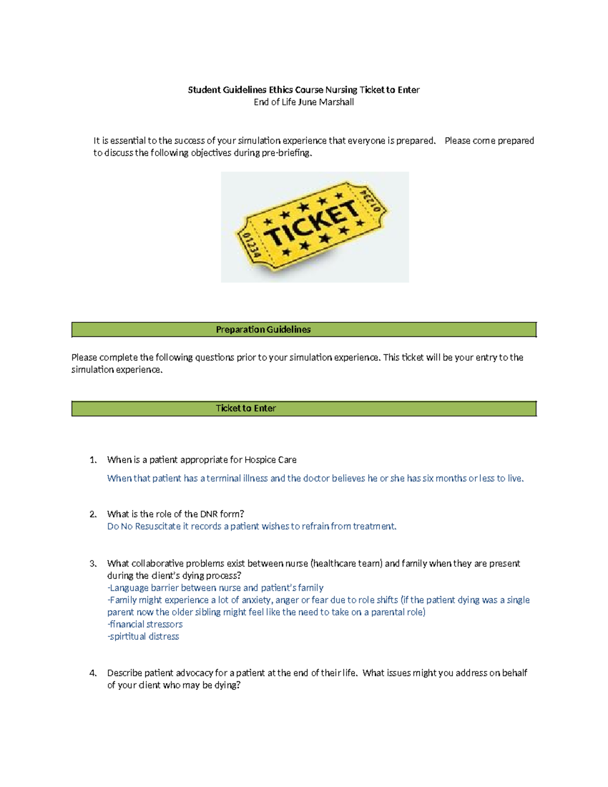 Ticket entry - End of Life June Marshall - Student Guidelines Ethics ...