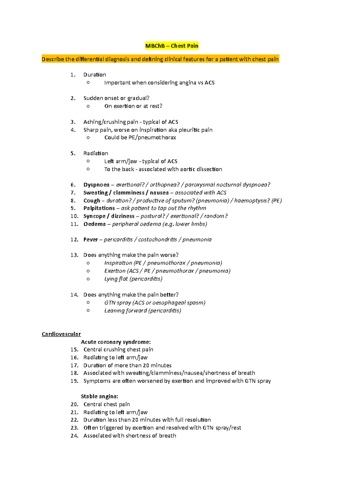 Chest Pain - Lecture notes 1 - MBChB – Chest Pain Describe the ...